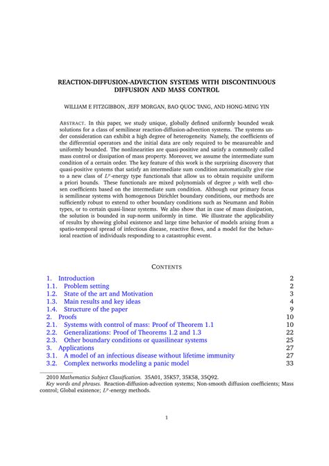 Pdf Reaction Diffusion Advection Systems With Discontinuous Diffusion And Mass Control