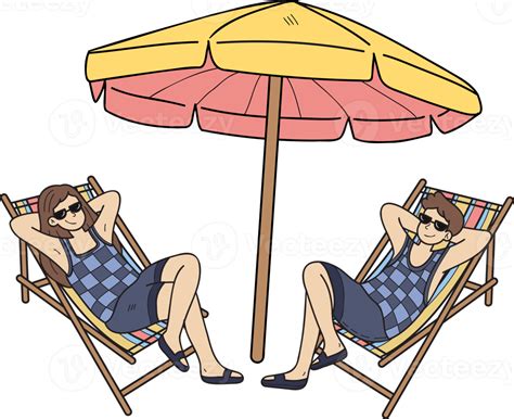 Hand Drawn Couple Sunbathing At Sea Illustration In Doodle Style