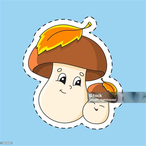 윤곽 버섯 스티커 만화 캐릭터 다채로운 벡터 일러스트레이션 색상 배경에 격리됩니다 디자인용 템플릿입니다 가을 테마 9월에 대한