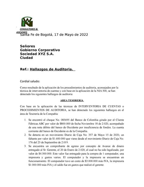 Informe Hallazgos Auditoria Nia 500 2022 1 Santa Fe De Bogotá 17 De Mayo De 2022 Señores
