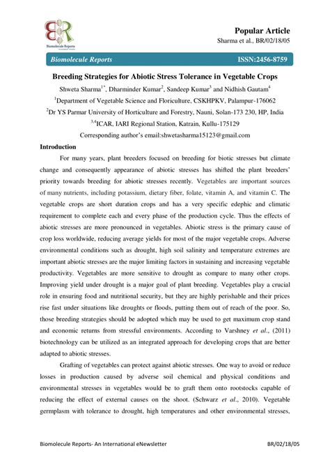 Pdf Breeding Strategies For Abiotic Stress Tolerance In Vegetable Crops
