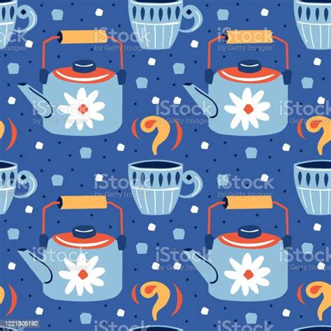아름다운 패턴과 빨간 뚜껑과 흰색 꽃귀여운 작은 파란색 주전자작은 귀여운 파란색 컵 0명에 대한 스톡 벡터 아트 및 기타 이미지 0명 개념 개념과 주제 Istock
