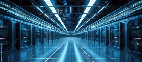 A Long Hallway In A Data Center Filled With Servers In A Parallel