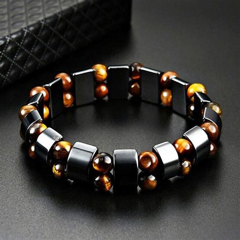 Unisex Double Hematite Tiger Eye Natural Energy Stone Charm Jewelry