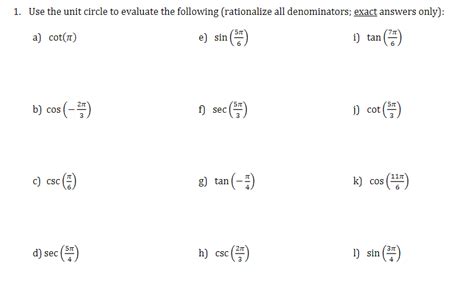 Solved 1 Use The Unit Circle To Evaluate The Following