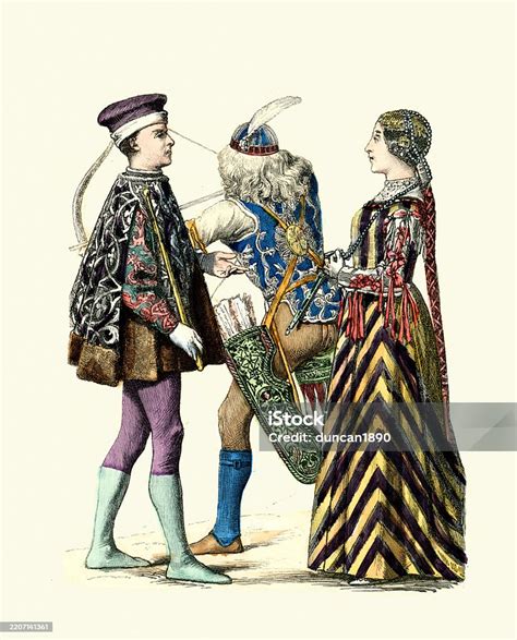 중세 패션의 역사 15 세기 이탈리아 이탈리아 리미니의 남자 궁수 사격 활 베아트리체 데스테 바리와 밀라노 공작 부인 1488 중세에 대한 스톡 벡터 아트 및 기타 이미지