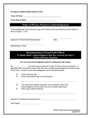 Fillable Online Notice Of Privacy Practices Acknowledgement