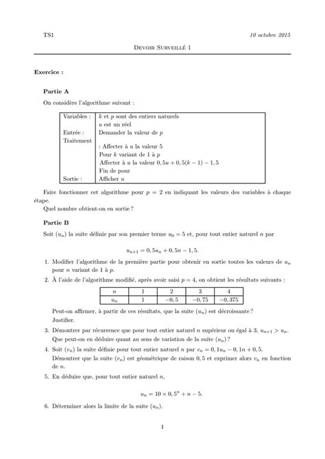 TS1 10 octobre 2015 Devoir Surveillé 1 Exercice Partie A