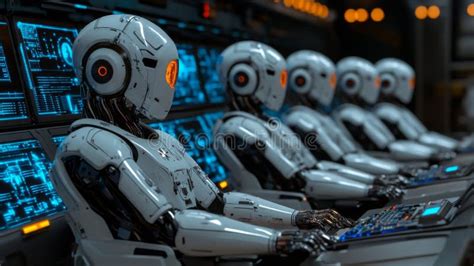 Futuristic Robots Working In A High Tech Control Room Stock Illustration Illustration Of