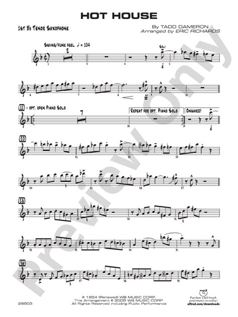 Hot House B Flat Tenor Saxophone B Flat Tenor Saxophone Part