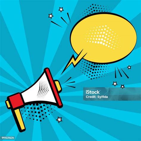 팝 아트 스타일에 파란색 배경에 확성기 및 음성 거품이 있다 벡터 일러스트 레이 션 경계 표지에 대한 스톡 벡터 아트 및 기타 이미지 경계 표지 관악기 기민 Istock