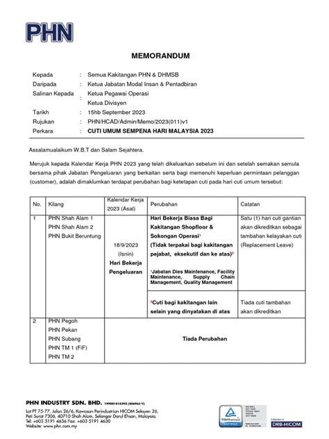 011 Memo Cuti Umum Sempena Hari Malaysia V1 Pdf