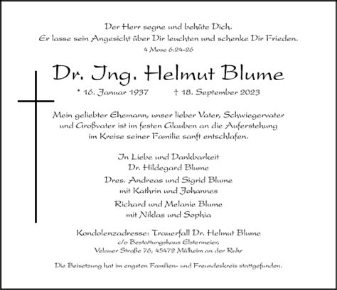 Traueranzeigen Von Helmut Blume Trauer In NRW De