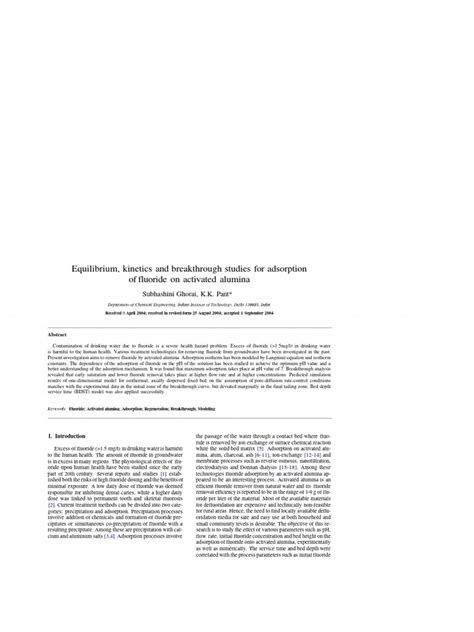 Equilibrium Kinetics And Breakthrough St Pdf Adsorption Fluoride