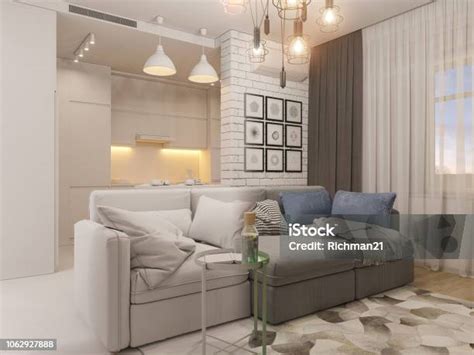 3 차원 일러스트 레이 션 거실 및 주방 인테리어 디자인입니다 스 칸디 나 비아 미니 멀 스타일 주위 폐색에 현대적인 스튜디오 아파트 가정의 방에 대한 스톡 사진 및 기타