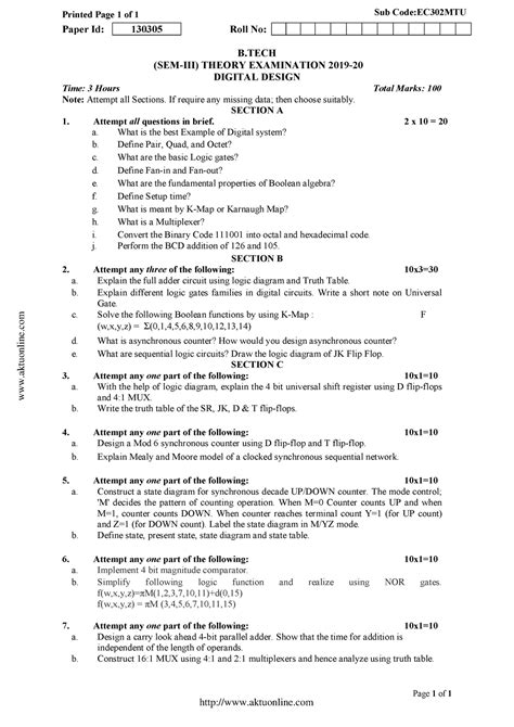 Btech Sem Digital Design Ec Mtu Printed Page Of Sub Code Ec Mtu Paper Id