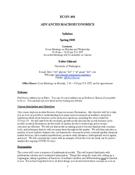 Advanced Macroeconomics Syllabus Advanced Umacro Syllabus Econ 401 Advanced Macroeconomics