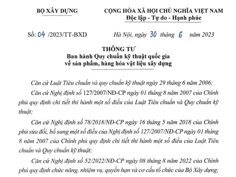 Thông Tư 042023tt Bxd Ngày 3062023 Ban Hành Quy Chuẩn Vật Liệu