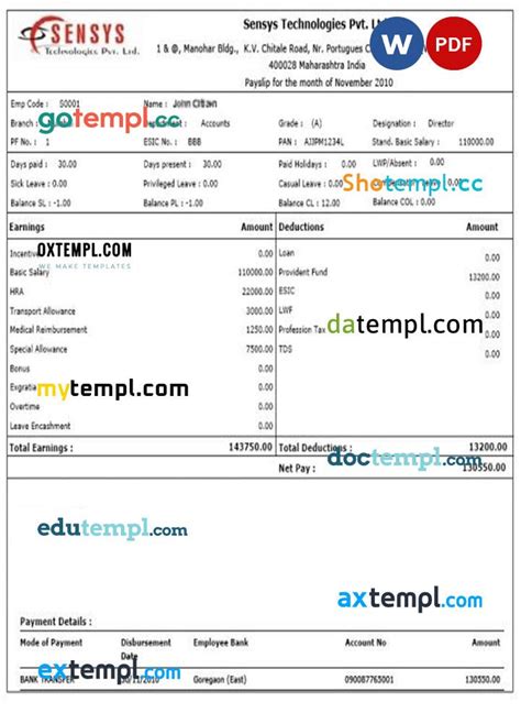 INDIA SENSYS Technologies Pvt Ltd Payslip Pay Stub Fake Template In Word And PDF Formats