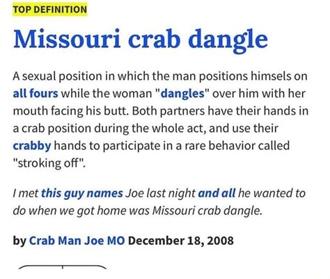 Missouri Crab Dangle A Sexual Position In Which The Man Positions