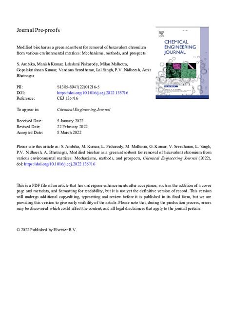 Pdf Modified Biochar As A Green Adsorbent For Removal Of Hexavalent Chromium From Various