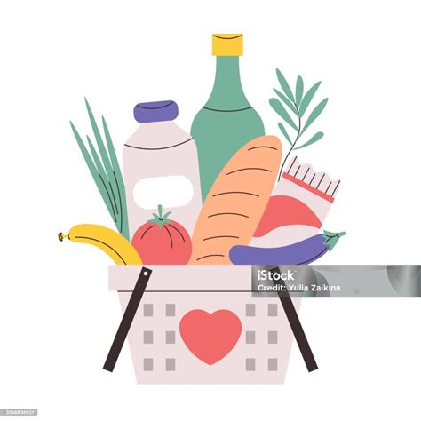 기부 바구니 가득 찬 음식 개념 자선 및 사회 지원 도움이 필요한 사람들을 위한 다양한 제품 인도주의적 자발적 지원 음식 기부 평면 벡터 격리 그림입니다 Charitable