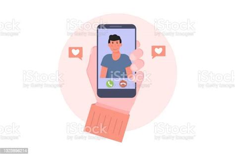 소년 데이트 응용 프로그램 손 스마트 폰을 들고 사랑 벡터 모바일 인터넷 소셜 미디어 현대 의사 소통 플랫 벡터 그림입니다 데이트에 대한 스톡 벡터 아트 및 기타 이미지