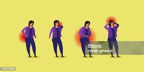 몸 요통 무릎 머리 병 개념 수평 전체 길이의 다른 부분에 통증이있는 아픈 여자를 설정 가공의 인물에 대한 스톡 벡터 아트 및