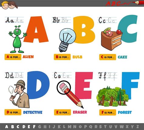 letras del alfabeto de dibujos animados educativos para niños de la a