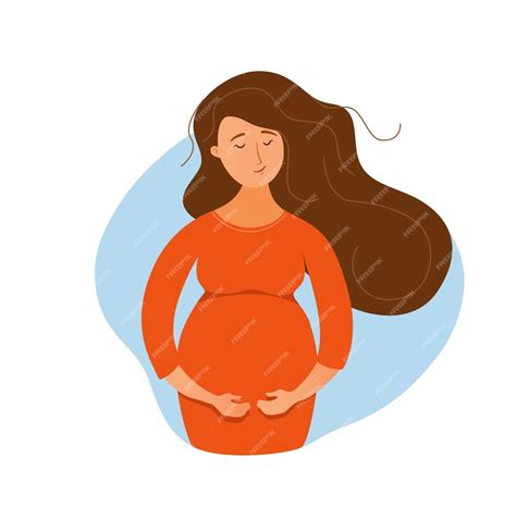임신 행복 한 어린 소녀 벡터 화려한 만화 일러스트 레이 션 그녀의 배를 애무 하는 아름 다운 임산부 상점 잡지 판촉을