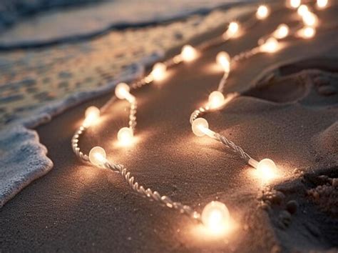 String Of Lights On A Beach With The Ocean In The Background Premium