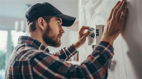 Premium Photo Man Installing Home Security Alarm System