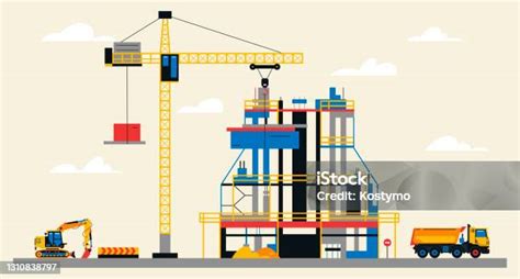 건설 현장 일러스트레이션 건설 중인 건물 구내 굴삭기 및 트럭 대형 크레인 미완성 건물에서 중장비 작업 벡터 일러스트레이션 플랫 디자인 개념에 대한 스톡 벡터 아트 및 기타