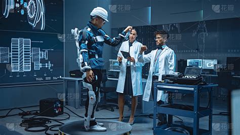在机器人开发实验室 工程师和科学家工作的仿生学外骨骼原型与人测试它。帮助残疾人和仓库工人设计可穿戴的