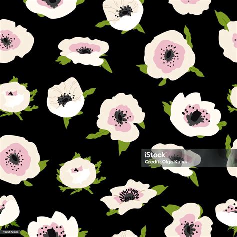 검은 배경에 흰색 말미잘 꽃이 있는 매끄러운 패턴 청첩장을위한 계절 꽃 디자인 날짜 카드 배너 포스터 직물 벽지 또는 포장지 저장 검은색에 대한 스톡 벡터 아트 및 기타