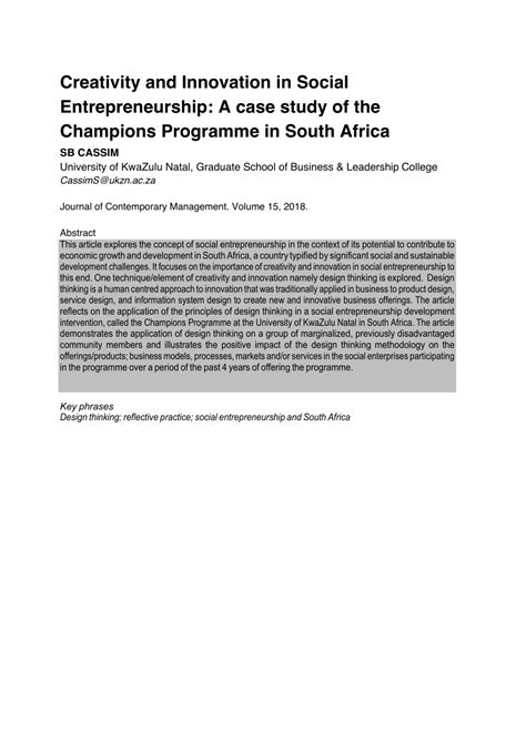 Pdf Creativity And Innovation In Social Entrepreneurship A Case