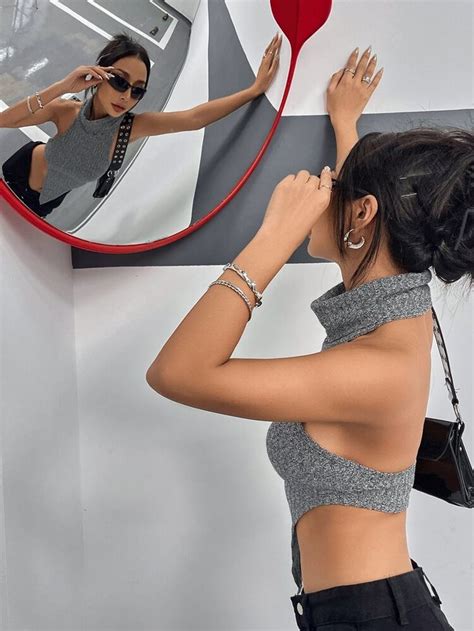 Space Dye Hanky Hem Backless Crop Halter Top Halter Tops Cropped Bainha