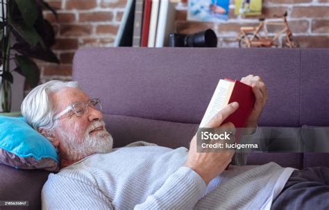 웃는 얼굴 안경을 쓴 수염 난 노인 집 소파에서 느긋하게 누워서 책을 읽고 있는 남자 은퇴 라이프스타일 개념 70 79세에 대한 스톡 사진 및 기타 이미지 Istock