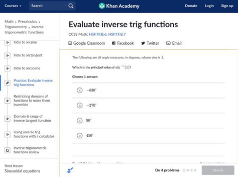 Khan Academy Trigonometry Evaluate Inverse Trig Functions Unknown Type For 9th 10th Grade