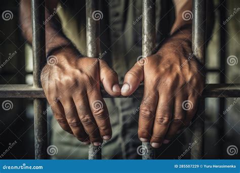 Man Behind Prison Bars Mens Hands Rest On The Bars Of A Prison Or