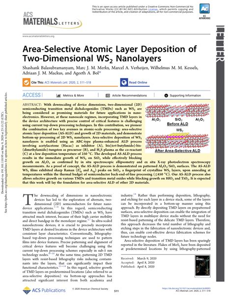 Pdf Area Selective Atomic Layer Deposition Of 2d Ws 2 Nanolayers