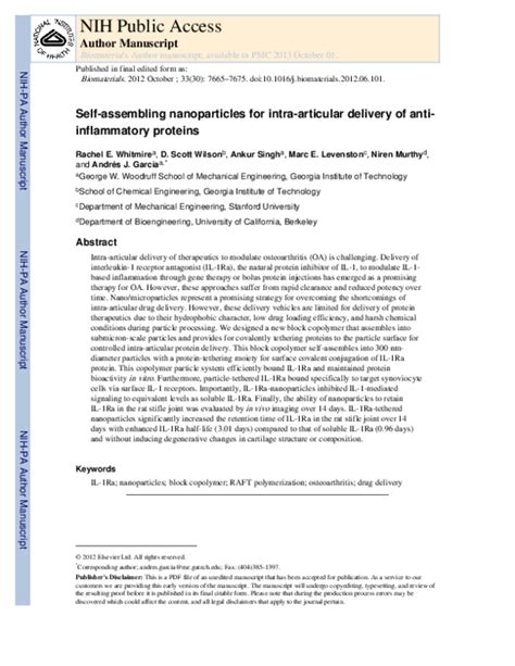 Pdf Self Assembling Nanoparticles For Intra Articular Delivery Of Anti Inflammatory Proteins