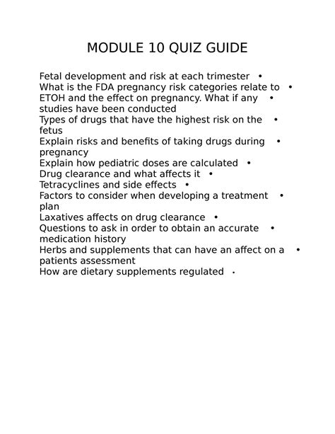Quiz 10 KS Quiz MODULE 10 QUIZ GUIDE Fetal Development And Risk At