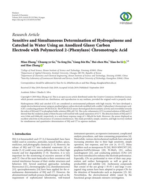 Pdf Sensitive And Simultaneous Determination Of Hydroquinone And Catechol In Water Using An