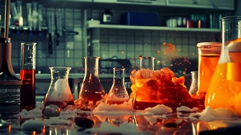 Beakers Filled With Various Colored Liquids In A Laboratory Setting A
