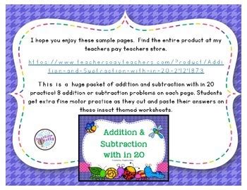 Addition And Subtraction Within 20 By Angelina Kelly TPT