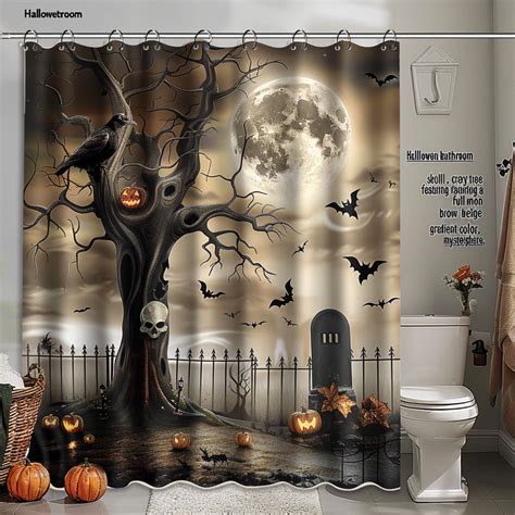 Spooky Halloween Shower Curtain With Crow And Pumpkin Design Gothic