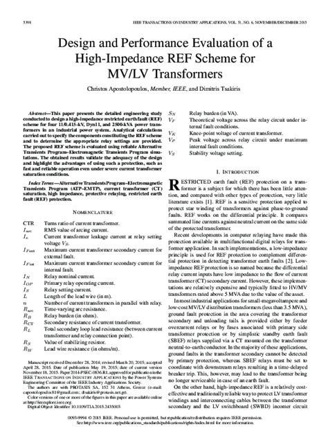 Pdf Design And Performance Evaluation Of A High Impedance Ref Scheme For Mvlv Transformers
