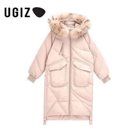 Ugiz冬季新品韩版女装中长款纯色修身连帽毛领羽绒服女udyd707虎窝淘