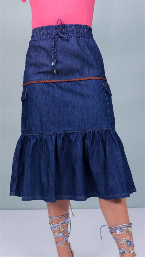 Saia Midi Jeans Com Bolsos Laterais Saias Saia Midi Jeans Com